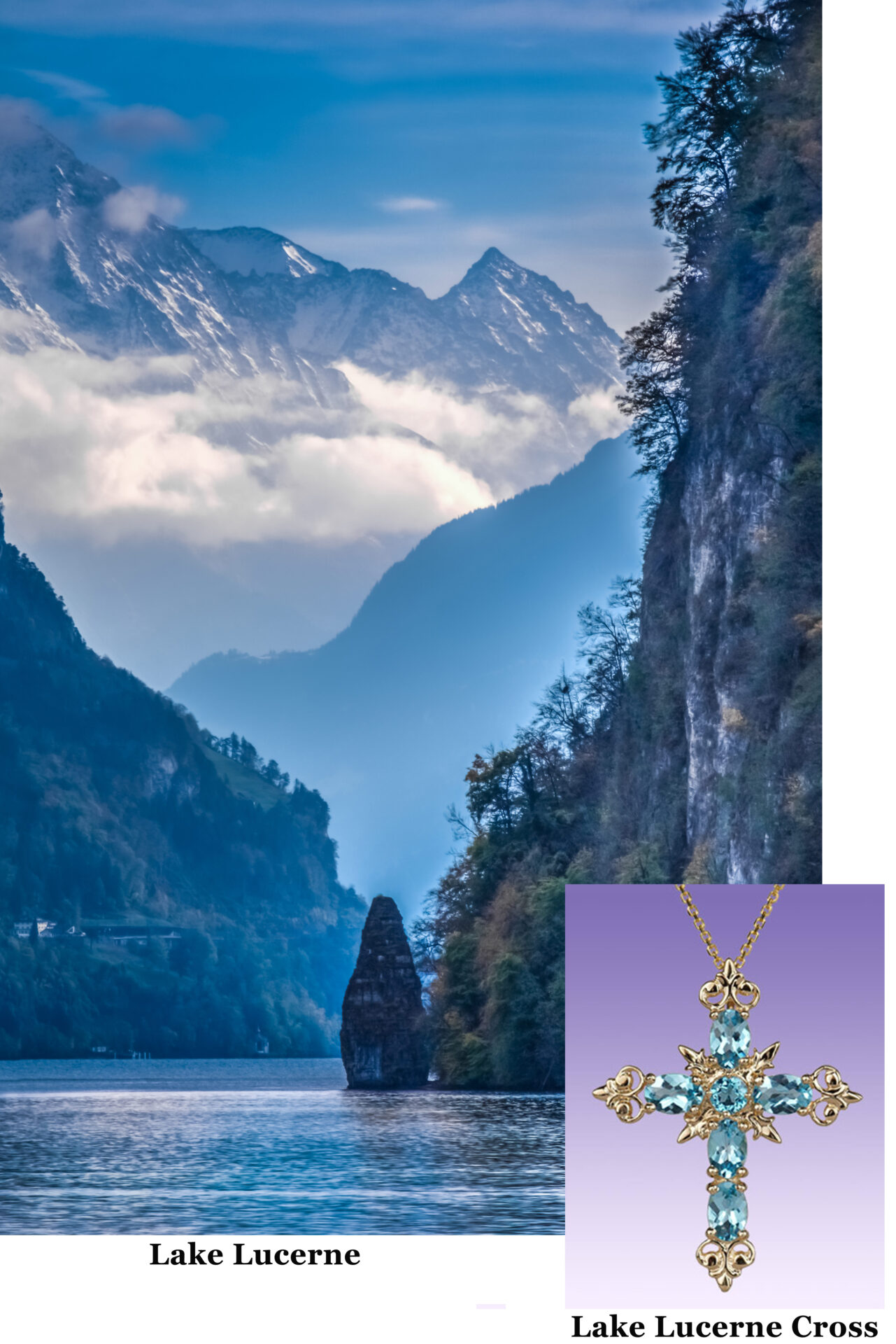 Lake Lucerne, Blue Topaz Christian Cross Necklace - Cross Jewelers